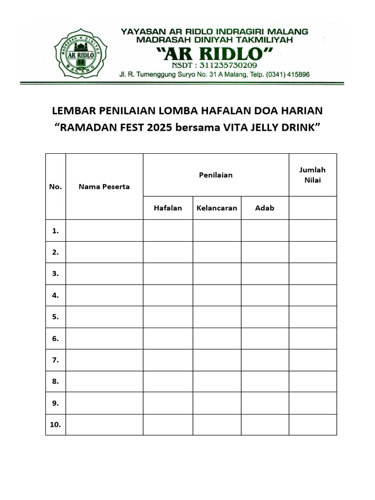 Lembar Juri Lomba Hafalan Doa Harian | PDF