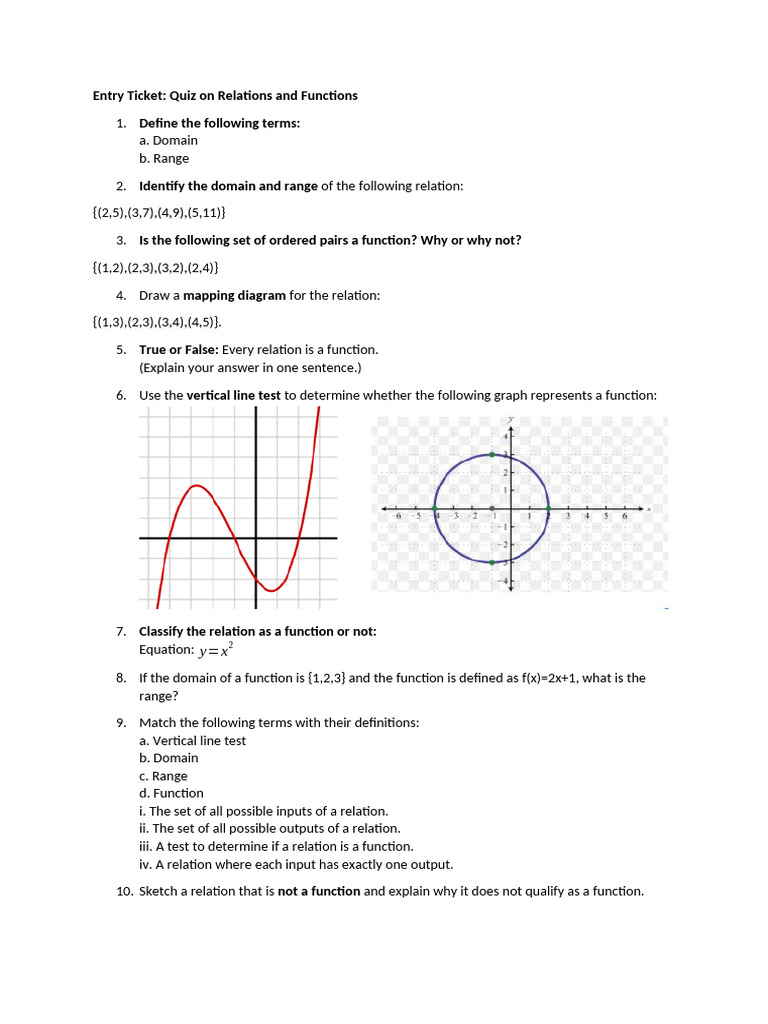 Quiz on Relations and Functions Concepts | PDF