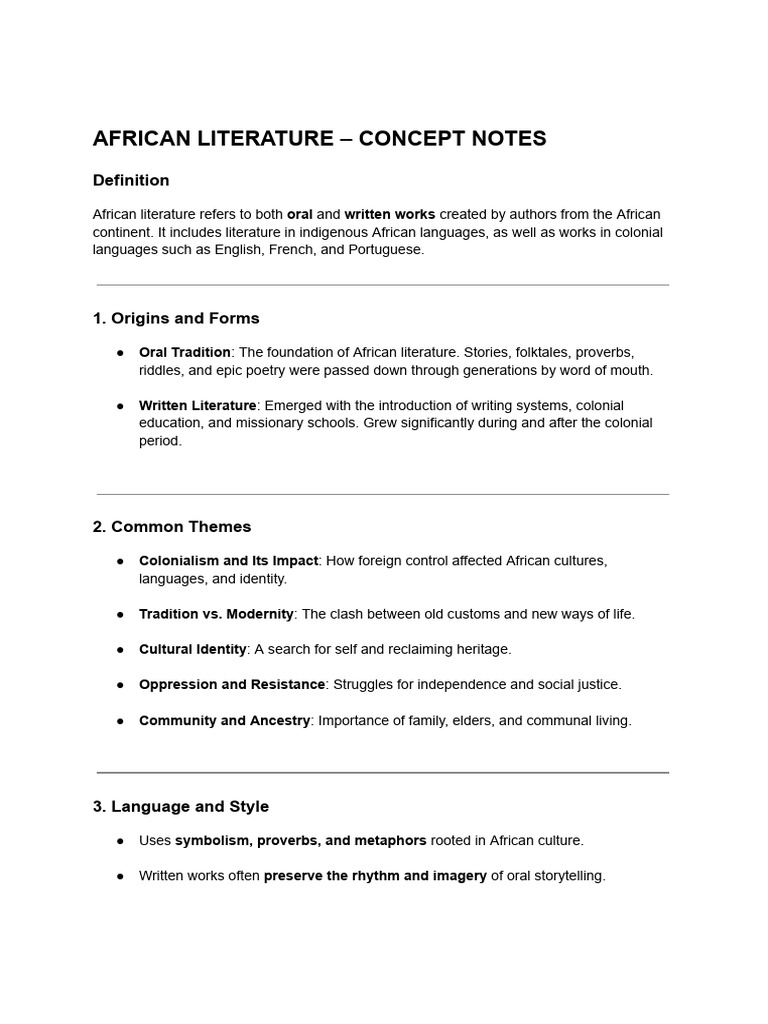 African Literature - Concept Notes | PDF