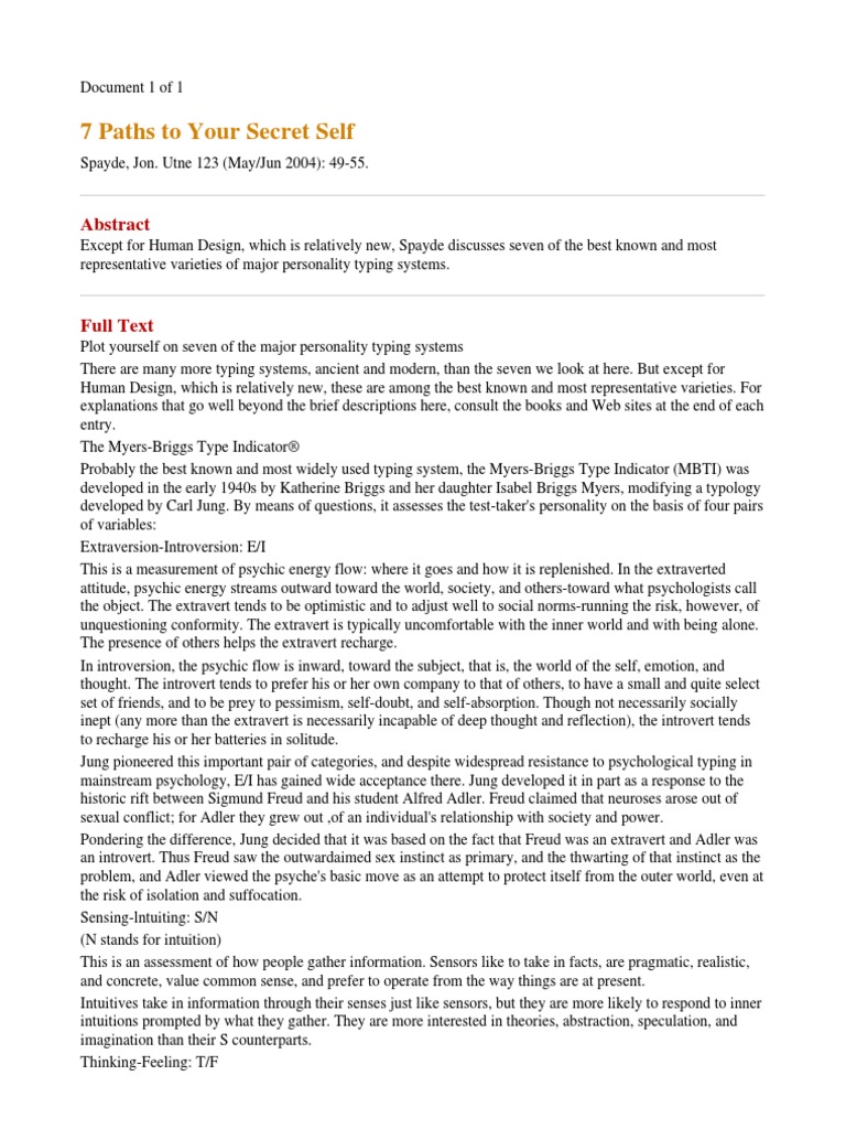 7 Paths To Your Secret Self (MBTI) | Download Free PDF | Extraversion ...