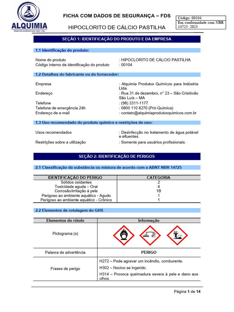 Hipoclorito de Cálcio Pastilha - FDS1 00104-1 | PDF | Cloro | Cloreto de polivinila (PVC)