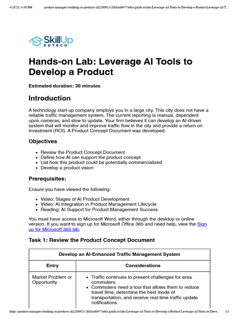 Hands On Lab Leverage Ai Tools To Develop A Product Objectives Pdf