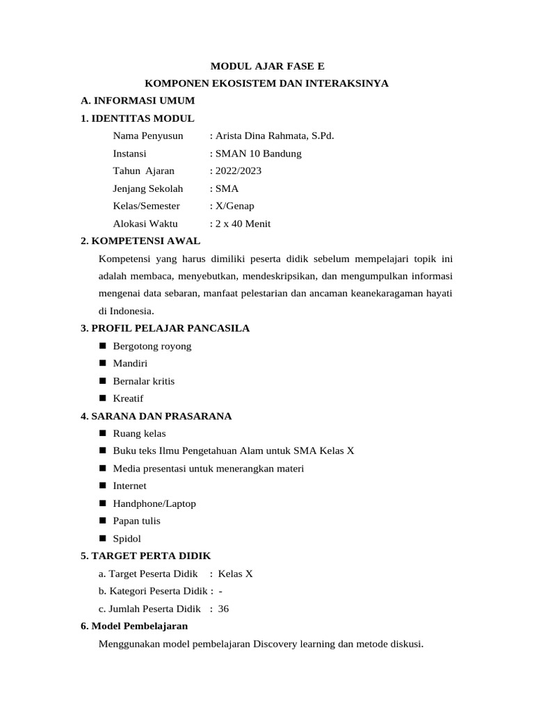 MODUL AJAR Komponen Ekosistem Dan Interaksi | PDF