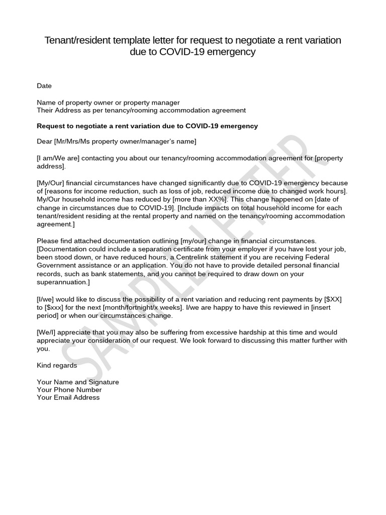 Tenant Template Letter Rent Variation Request v1 Apr2020 | PDF ...