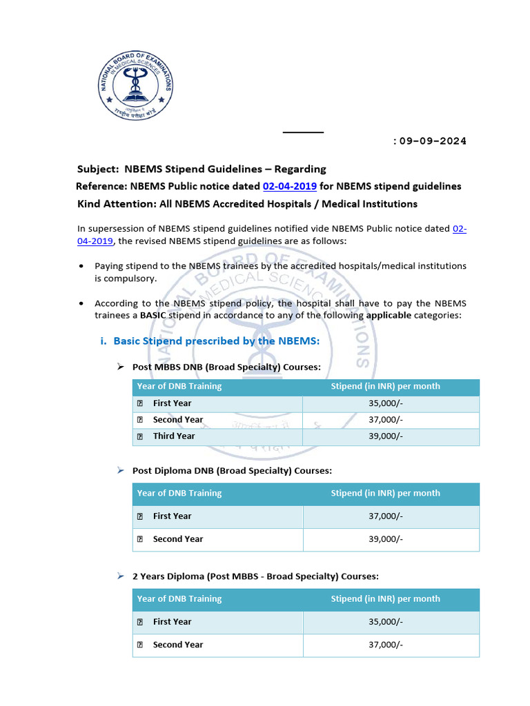 Nbe Stipend Guidelines 251864 | PDF | Doctor Of Medicine | Educational Stages
