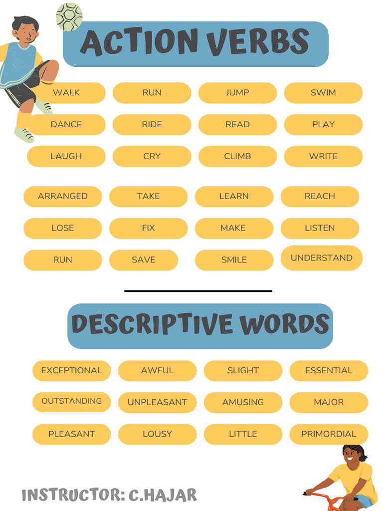 English Action Verbs Vocabulary Writing Worksheet in Blue and Yellow ...