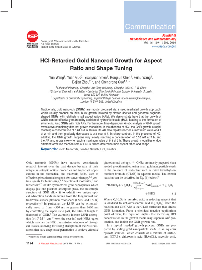HCl Effects on Gold Nanorod Growth | PDF | Surface Plasmon Resonance ...