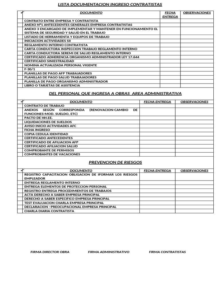 Lista Documentacion Ingreso Contratistas | PDF