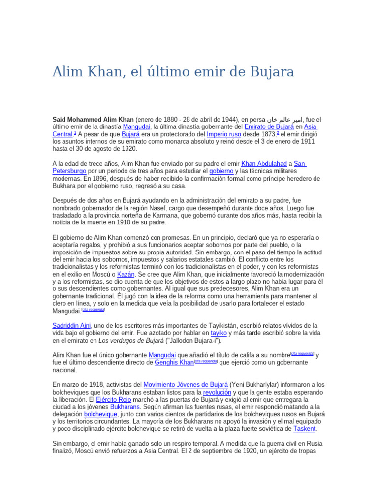 Alim Khan Ultimo Emir de Bujara | PDF