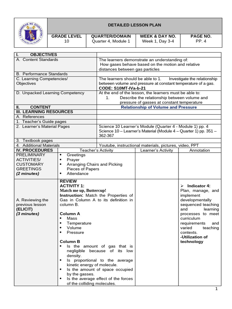 Week 1 - Day 3-4 - Relationship of Volume and Pressure | PDF | Gases