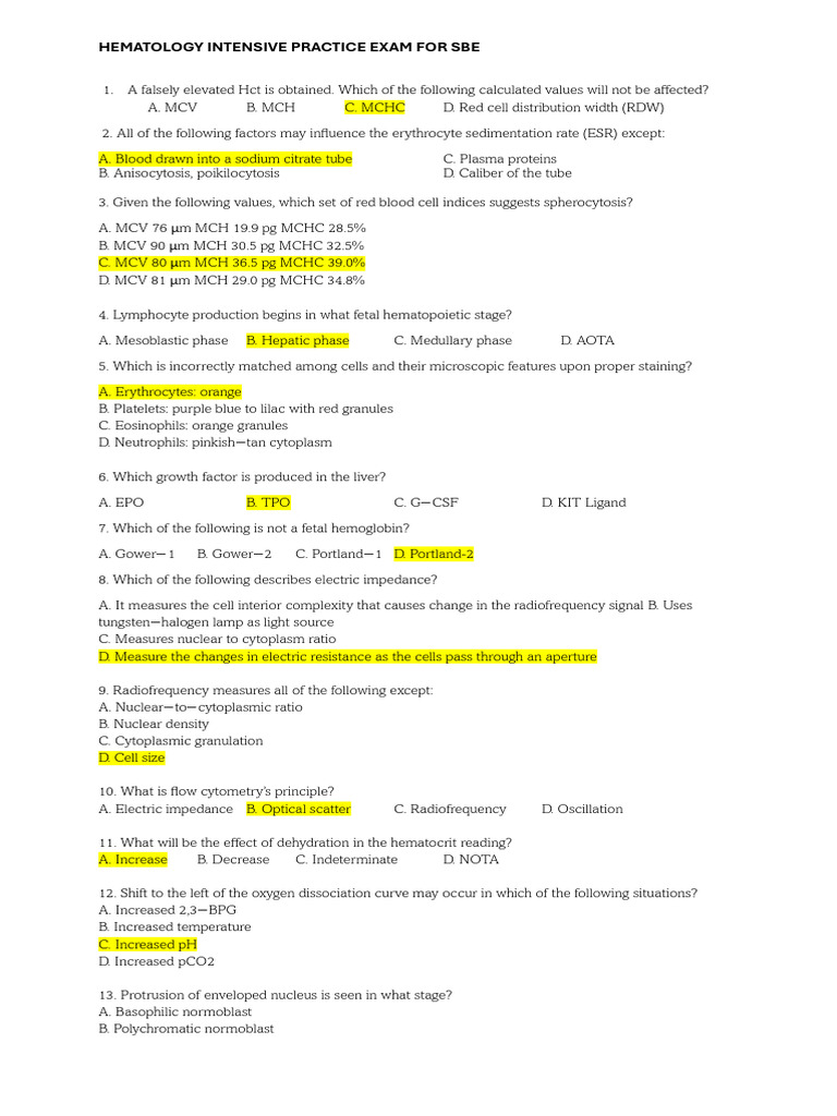Hematology Intensive Practice Exam SBE | PDF | Anemia | White Blood Cell