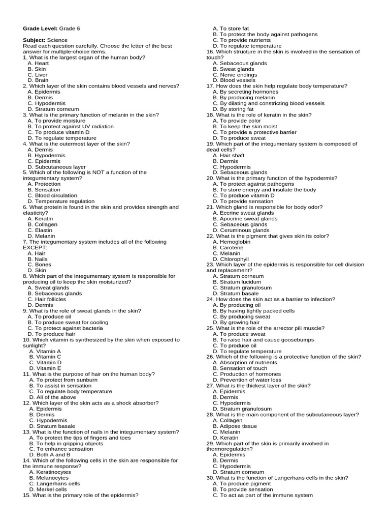 Summative Test Science | PDF | Skin | Integumentary System