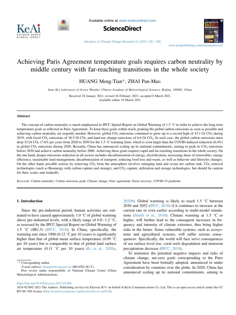Achieving Paris Agreement Temperature Goals Requires Car 2021 Advances ...