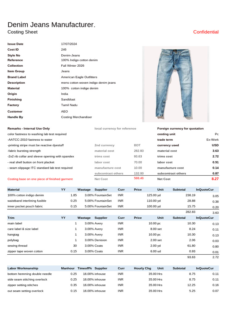 Denim Jeans Costing Sheet 2024 | PDF | Seam (Sewing) | Jeans