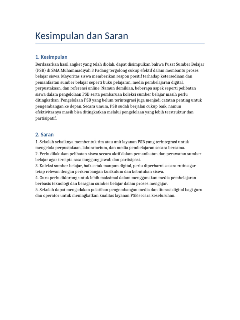 Kesimpulan Dan Saran PSB SMA Muhammadiyah 3 Padang | PDF