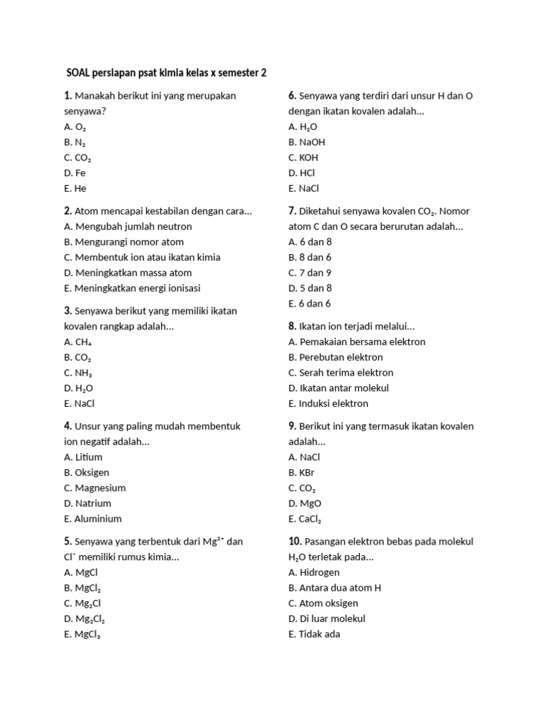 SOAL Persiapan Psat Kimia Kelas x Semester 2 | PDF