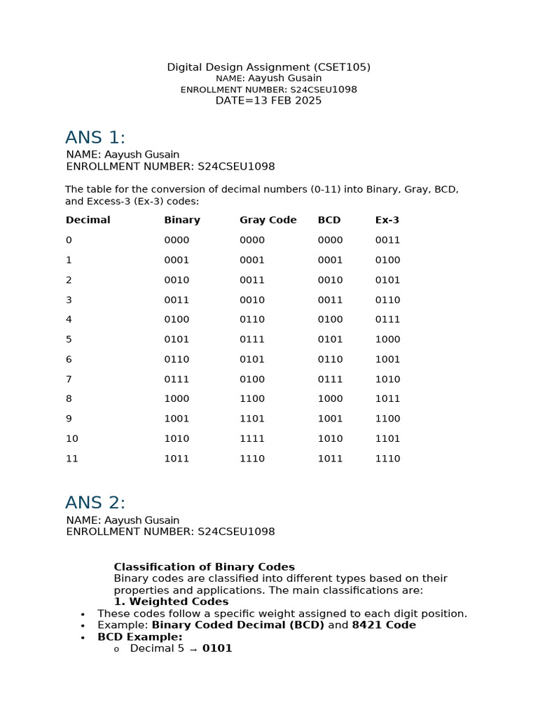 Aayush Gusain DD Assignment 4 | PDF | Binary Coded Decimal | Encodings
