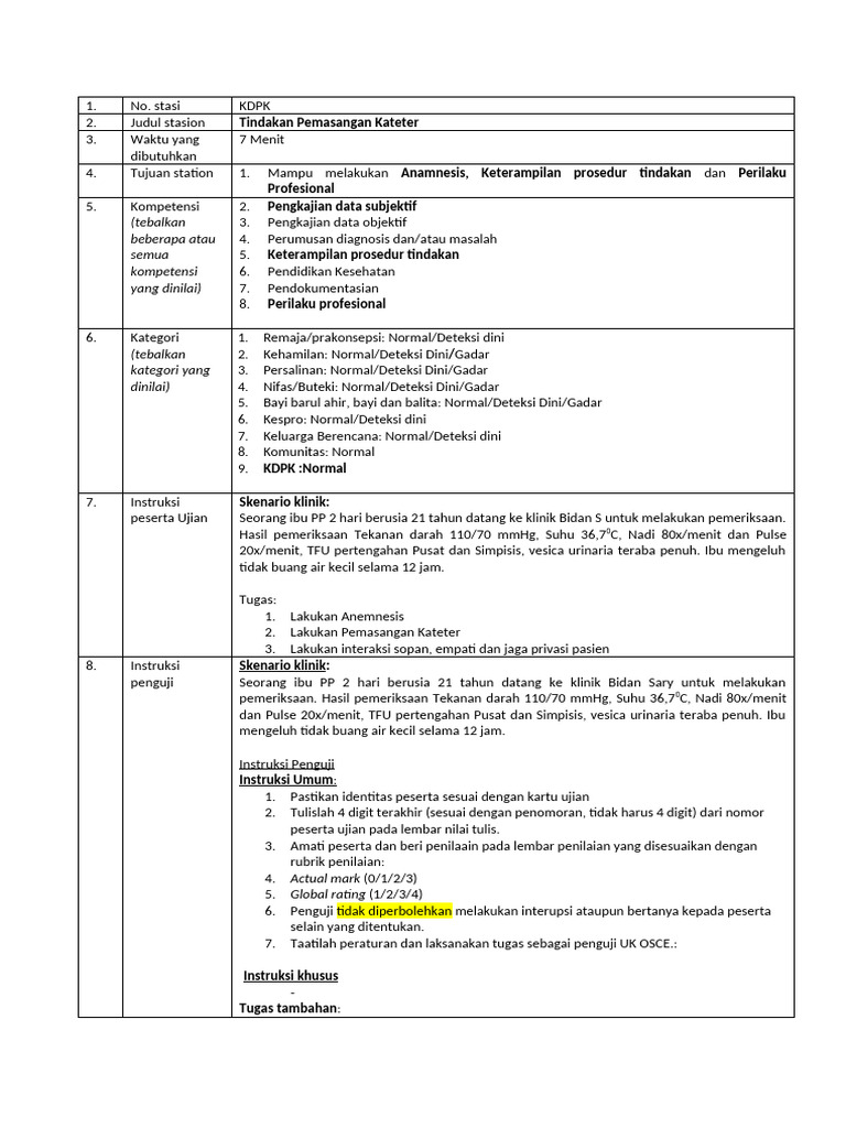 Soal KDPK Pemasangan Kateter OSCE 2025 Umi | PDF