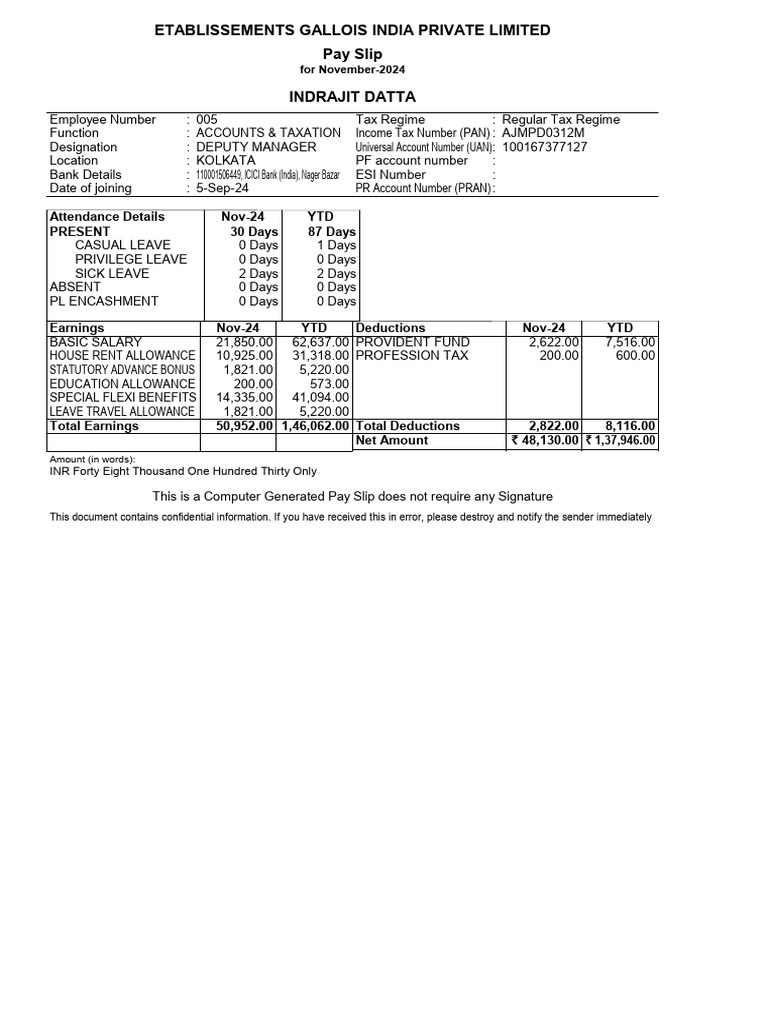 November 2024 Pay Slip for Indrajit Datta | PDF | Taxes | Economies