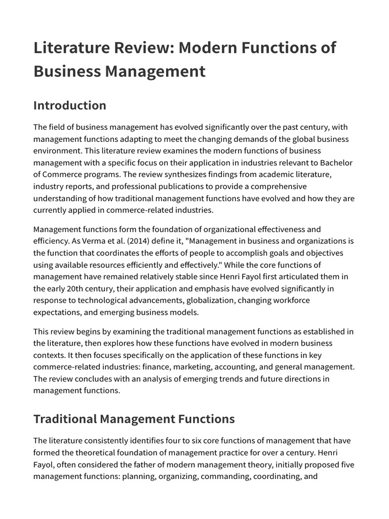 Literature Review and Discussion of Modern Functions of Business ...