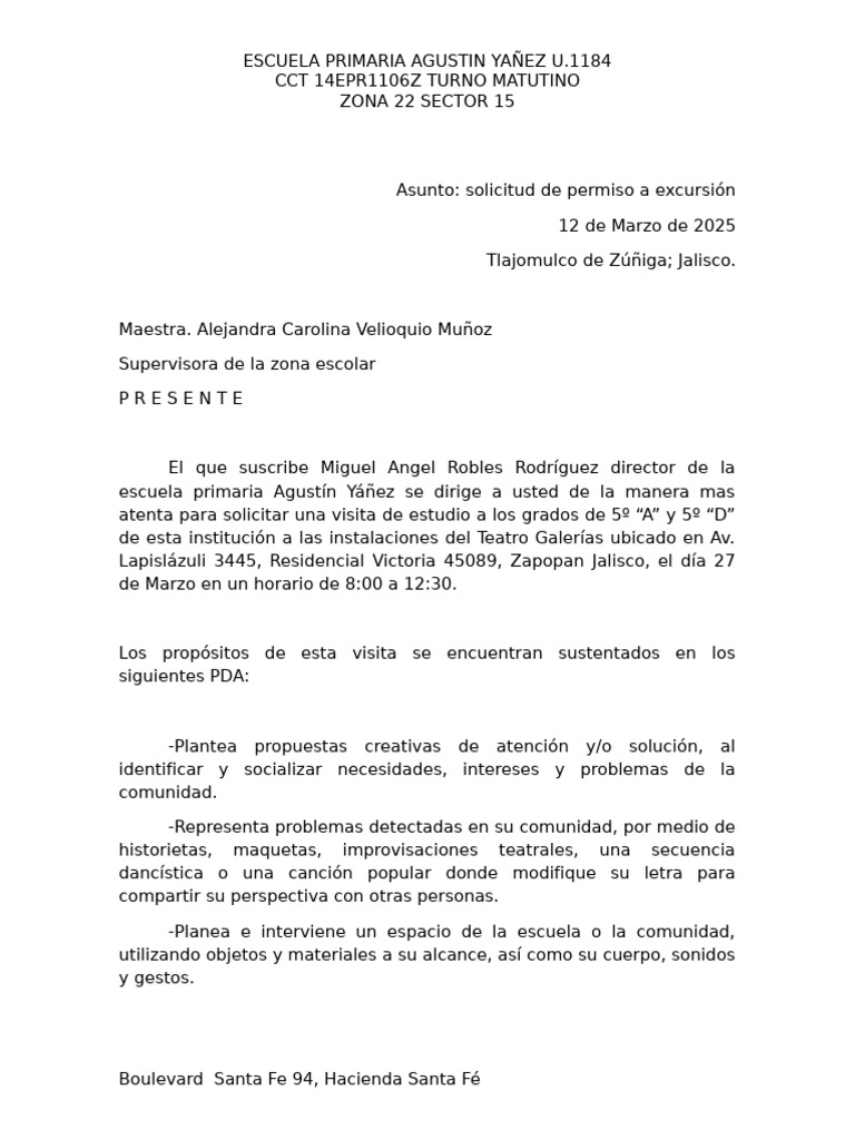 Oficio Permiso de Excursion | PDF