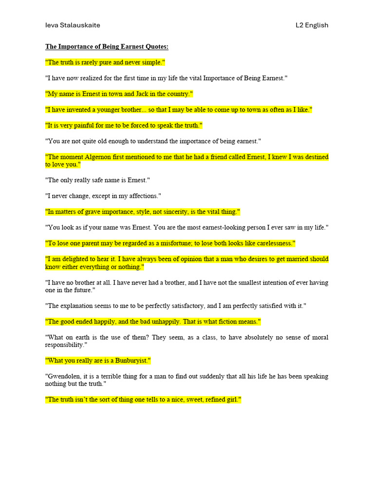 The Importance of Being Earnest Quotes | PDF