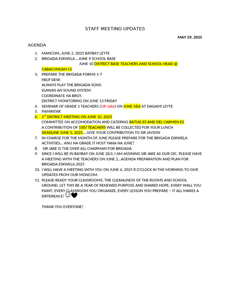 Staff Meeting Agenda - June 2025 Updates | PDF