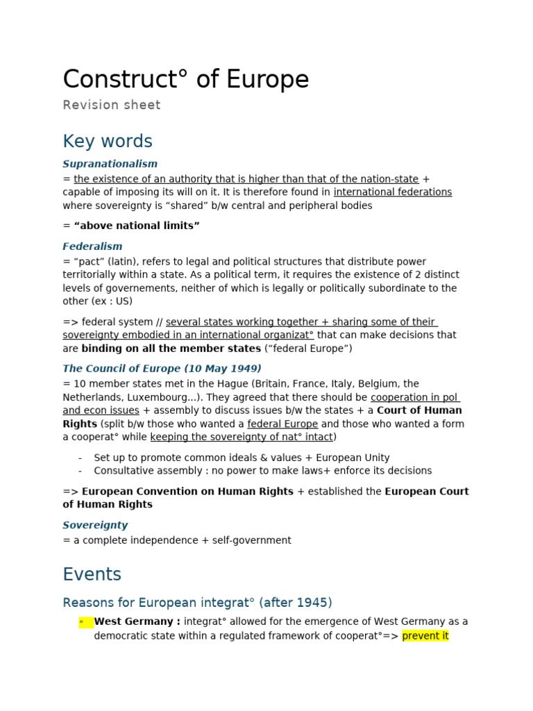 Copie de Europe's Construction - Revision Sheet | PDF | European ...