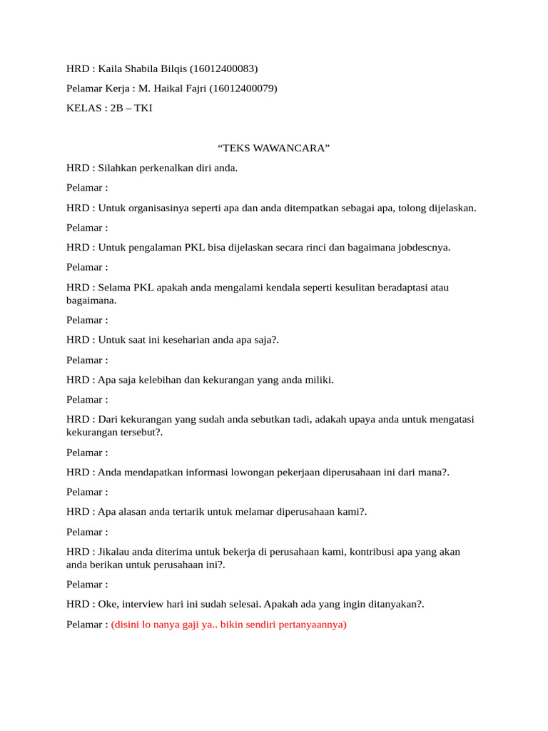 TEKS INTERVIEW KAILA & HAIKAL (2B-TKI) | PDF