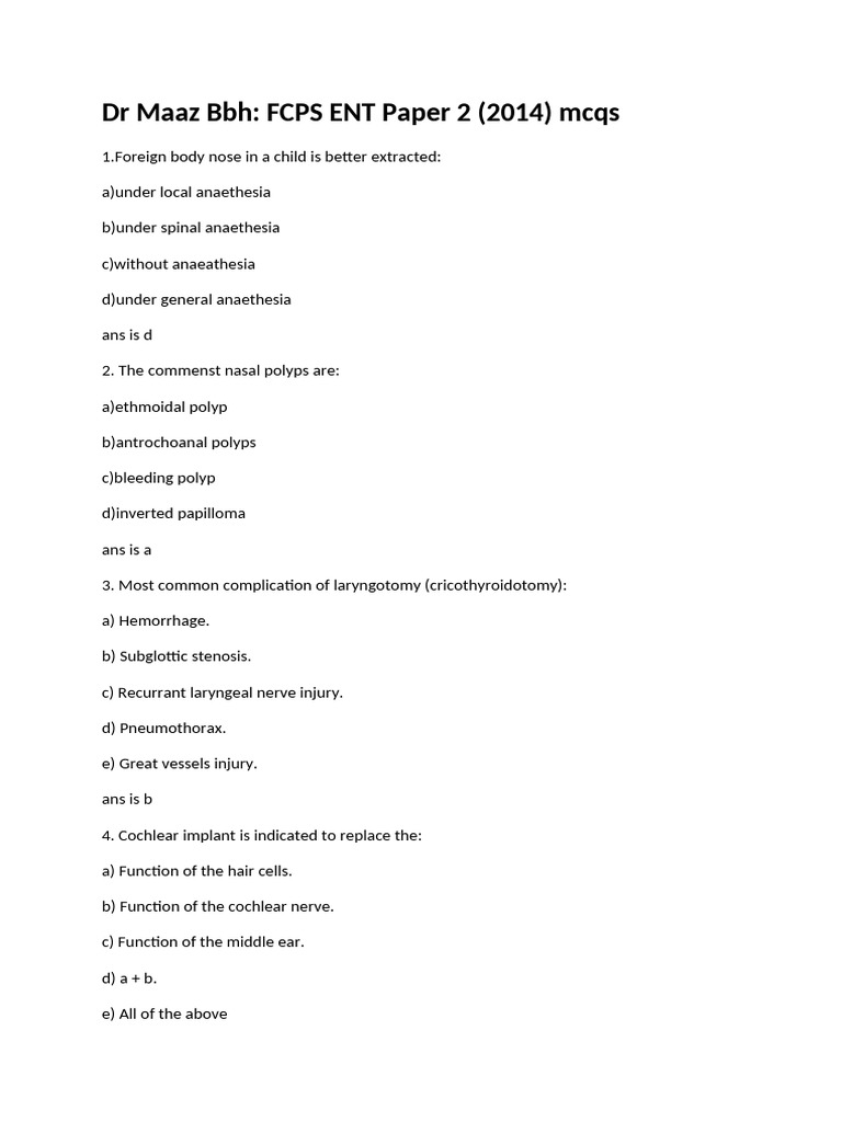 File 1 Ent MCQS and Imnportant Points | PDF | Esophagus | Vein