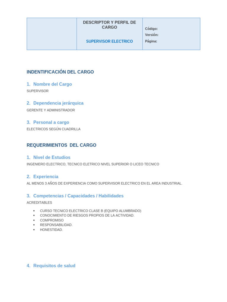 Formato Descriptor de Cargo Supervisor | PDF
