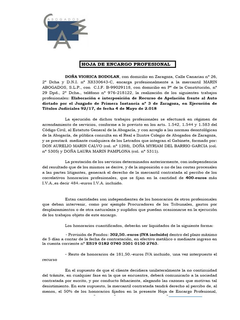 Hoja de Encargo Profesional Viorica | PDF | Abogado | Gobierno