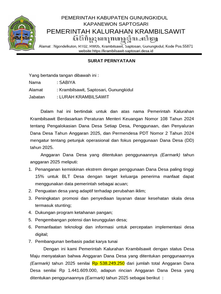 Surat Pernyataan Earmark Dana Desa | PDF