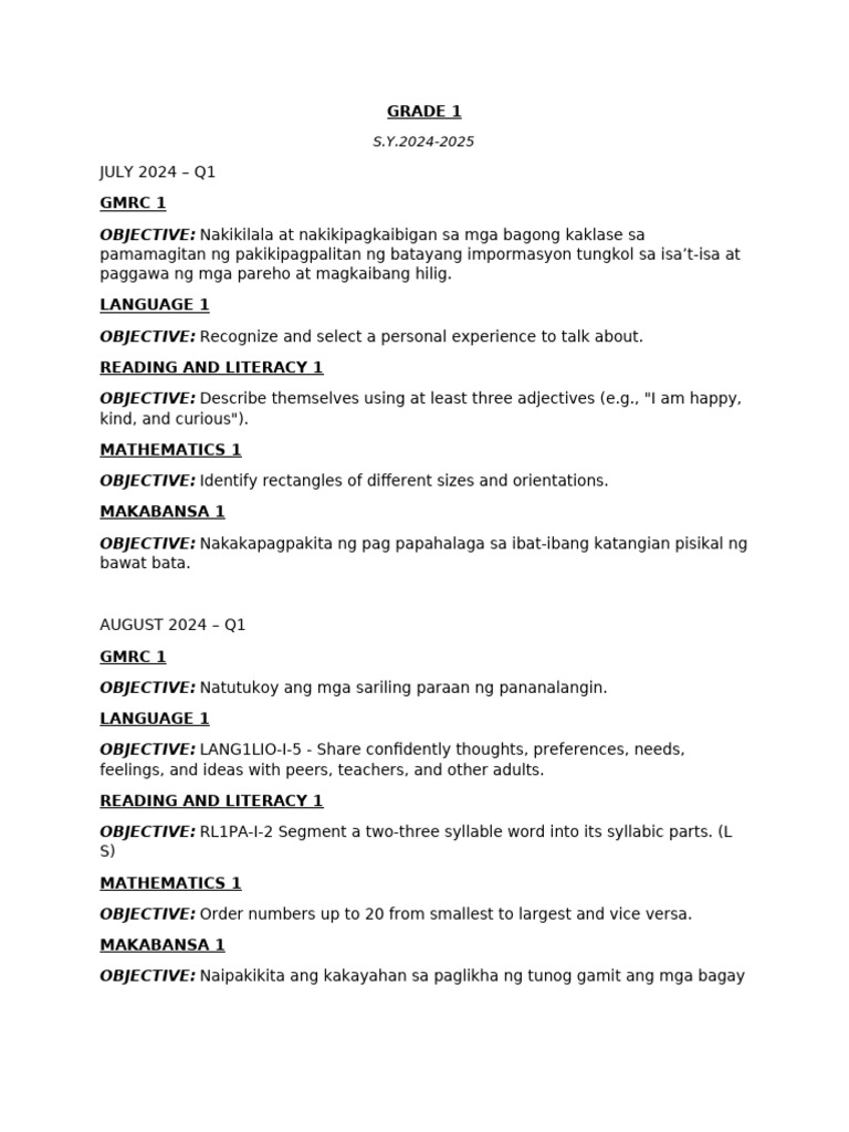 Grade 1 Competencies July To March | PDF | Word | Literacy