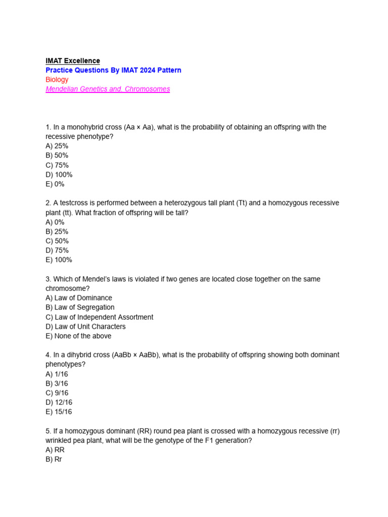 IMAT 2024 Biology Practice Questions | PDF | Dominance (Genetics ...