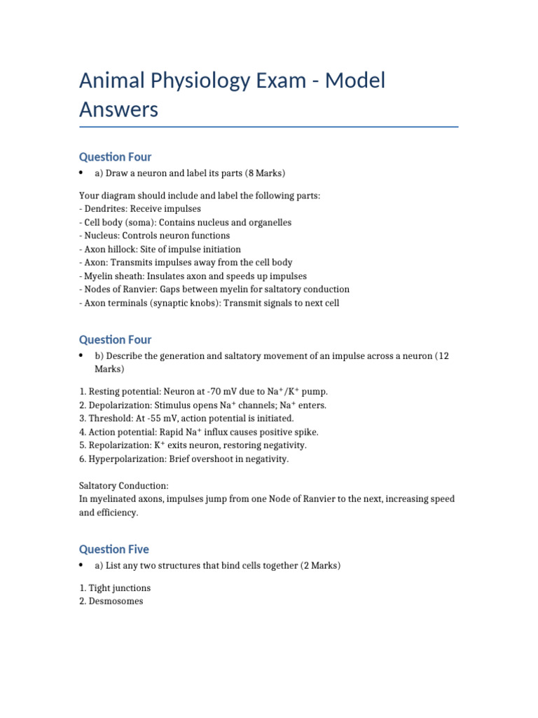 Animal Physiology Exam Model Answers | PDF