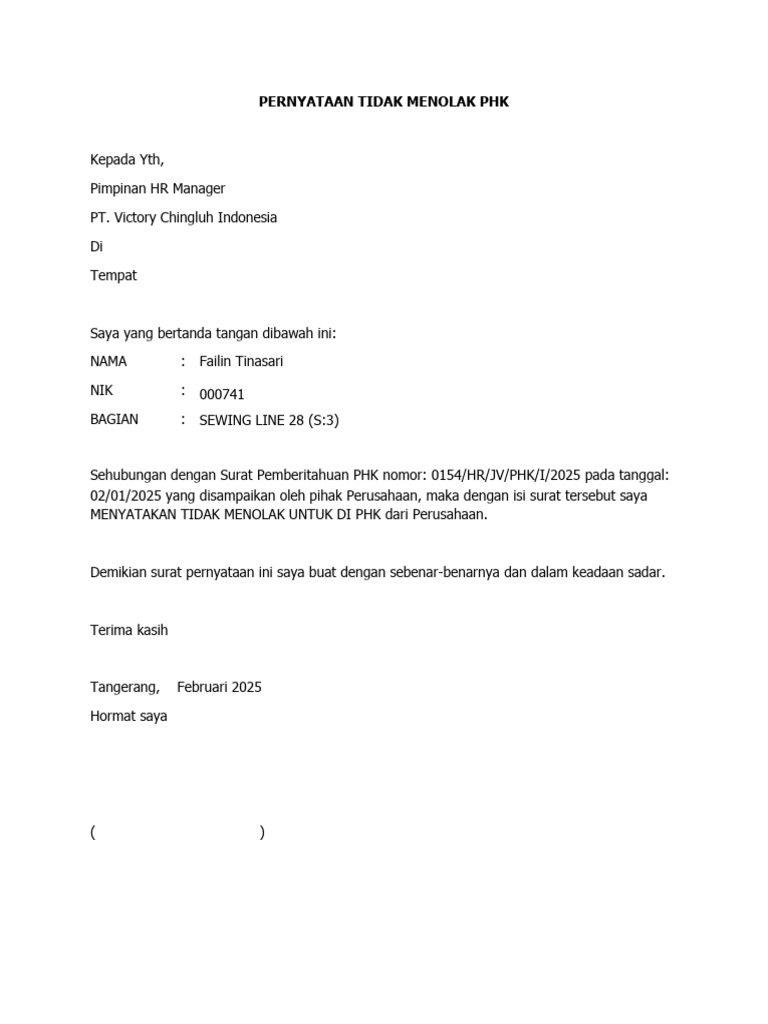 Contoh Surat Pernyataan Tidak Menolak PHK (Ditulis Tangan) | PDF