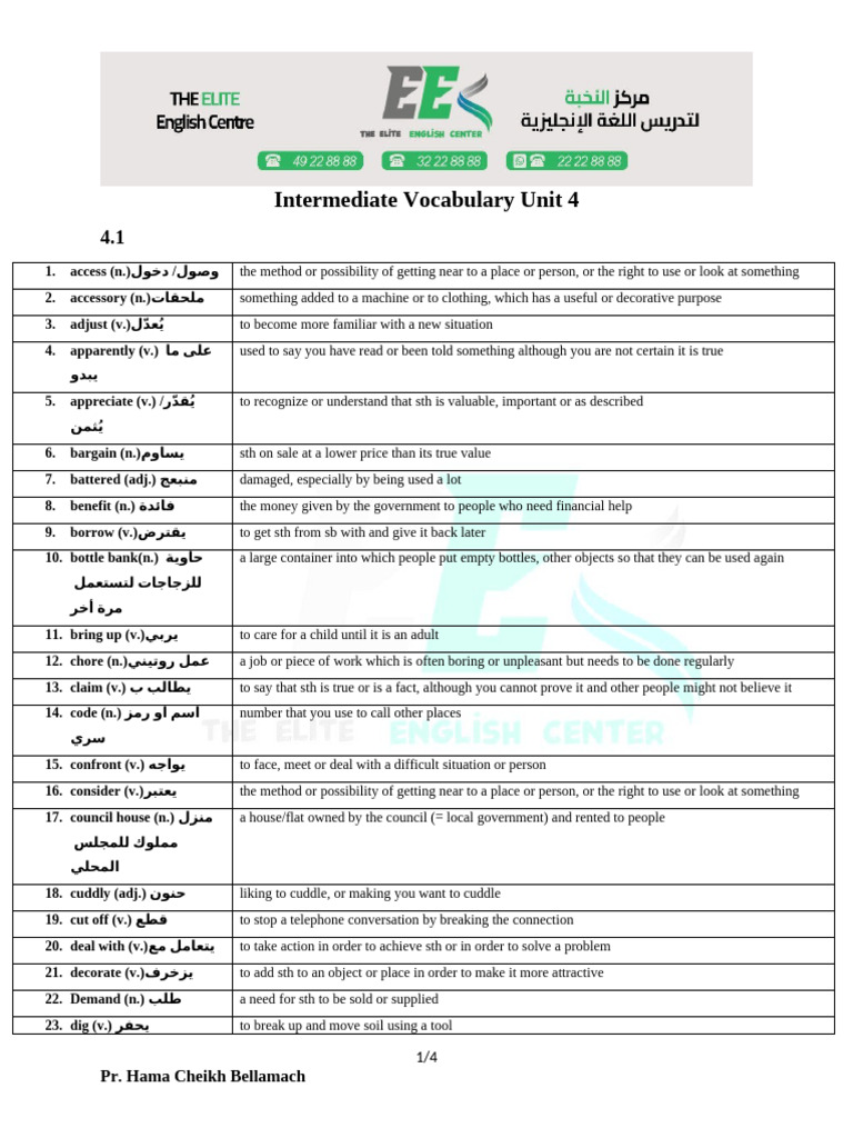 Intermediate Vocabulary Unit 4 Guide | PDF