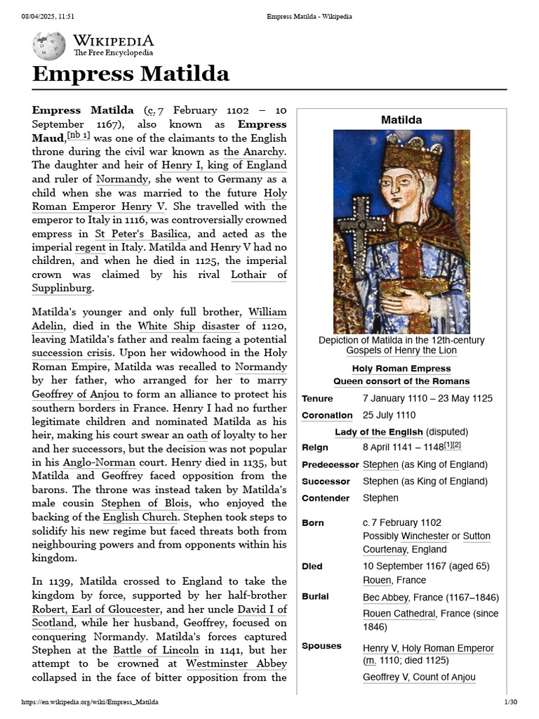 Empress Matilda: A Brief Biography | PDF