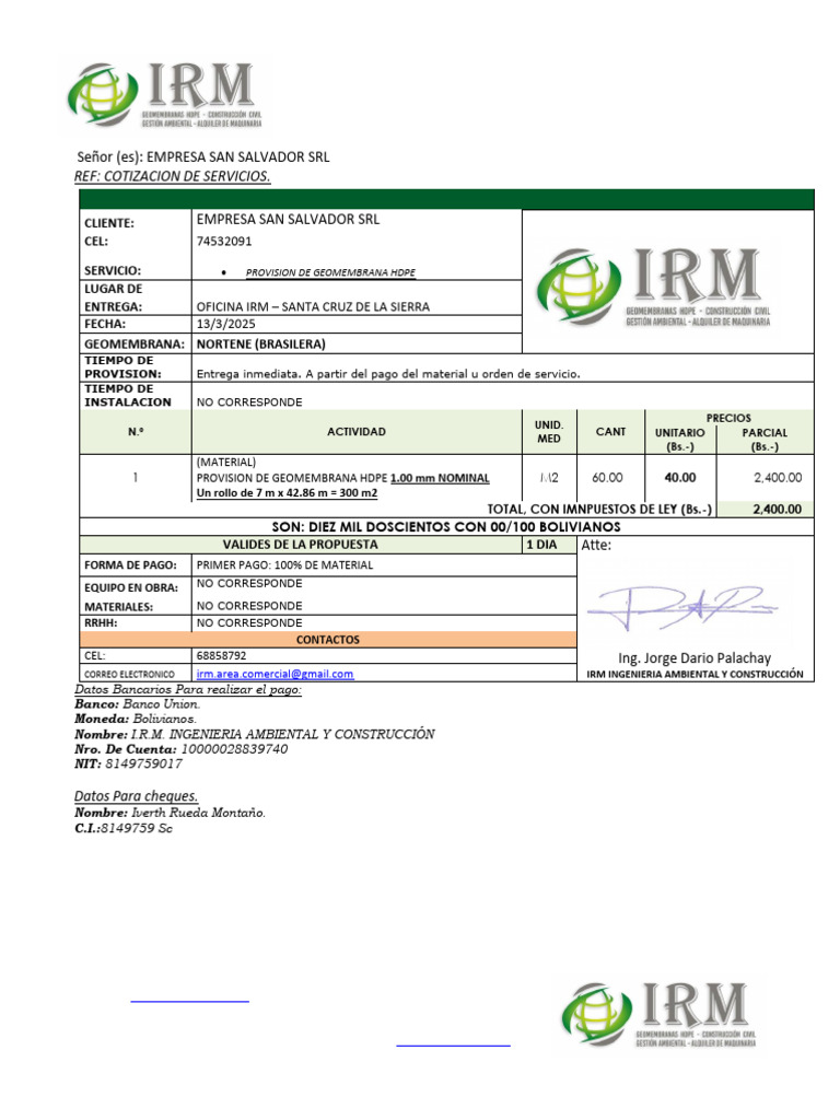 Cotizacion Material | PDF | Dinero | Bancario