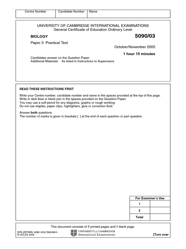 Biology Paper 3 2005 October (Olevel) | PDF