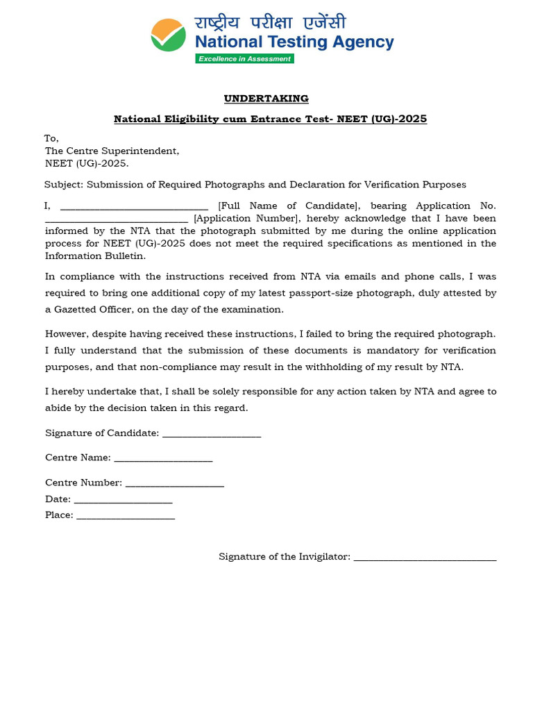 Undertaking Format of NEET (UG) - 2025 | PDF