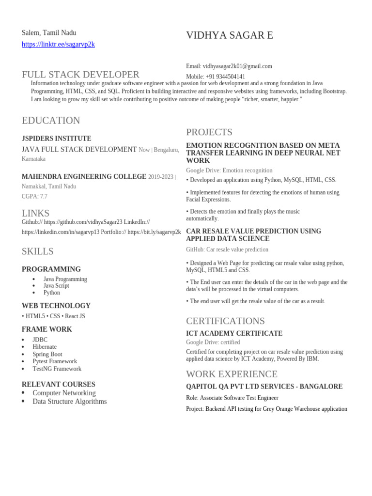 Vidhya Sagar Resume | PDF | Web Development | Computing