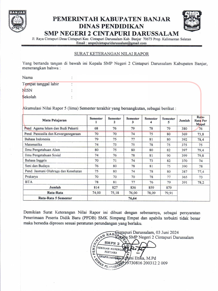 Contoh Rata-Rata Nilai Raport 2 | PDF