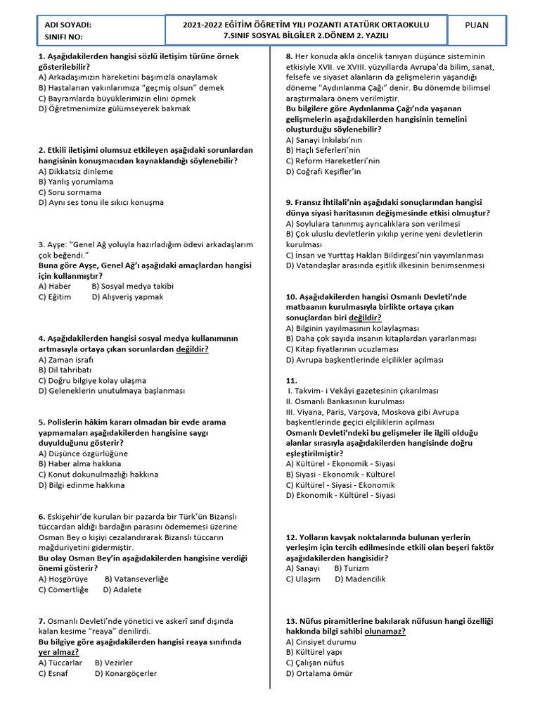 Sosyal Bilgiler 7 2.donem 2.yazili Zeki Dogan | PDF