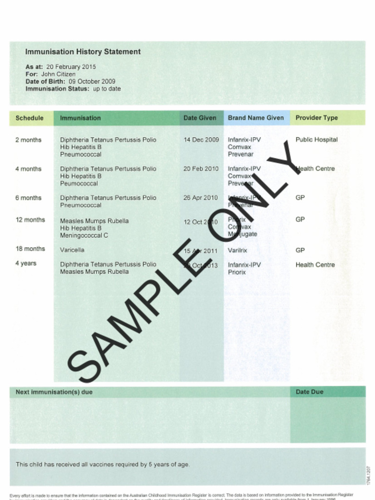 Sample Acir Immunisation History Statement | PDF