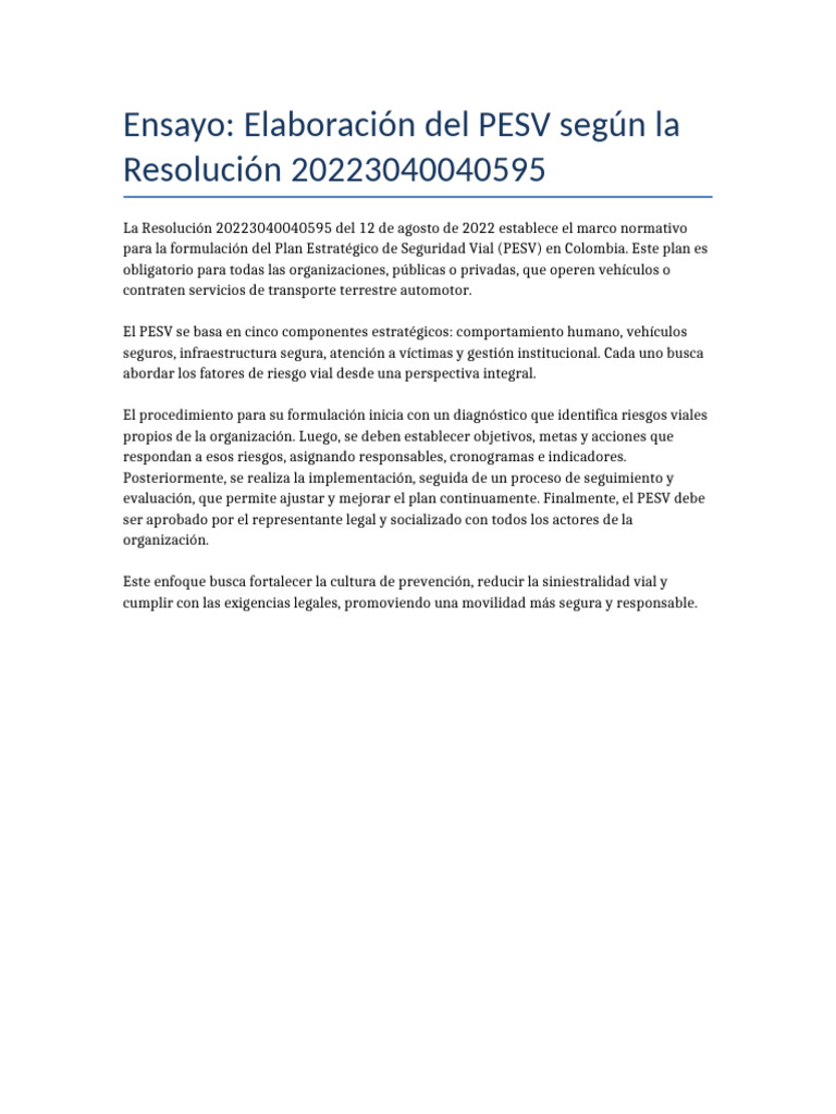 Ensayo PESV Resolucion 20223040040595 | PDF