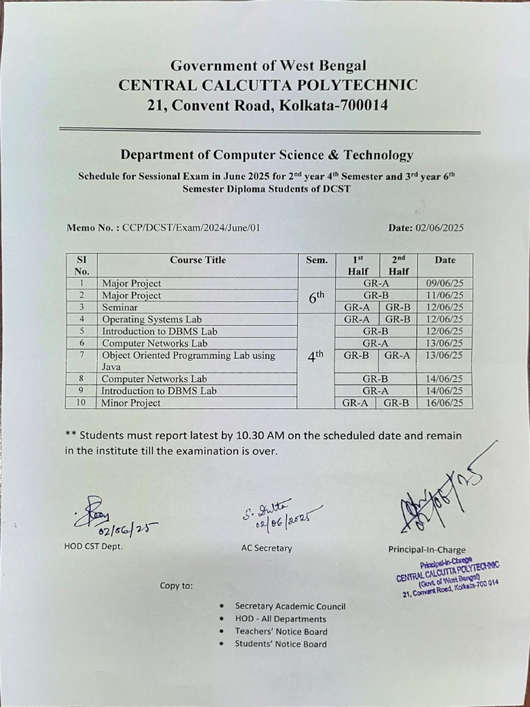 Sessional Exam Schedule-25 | PDF
