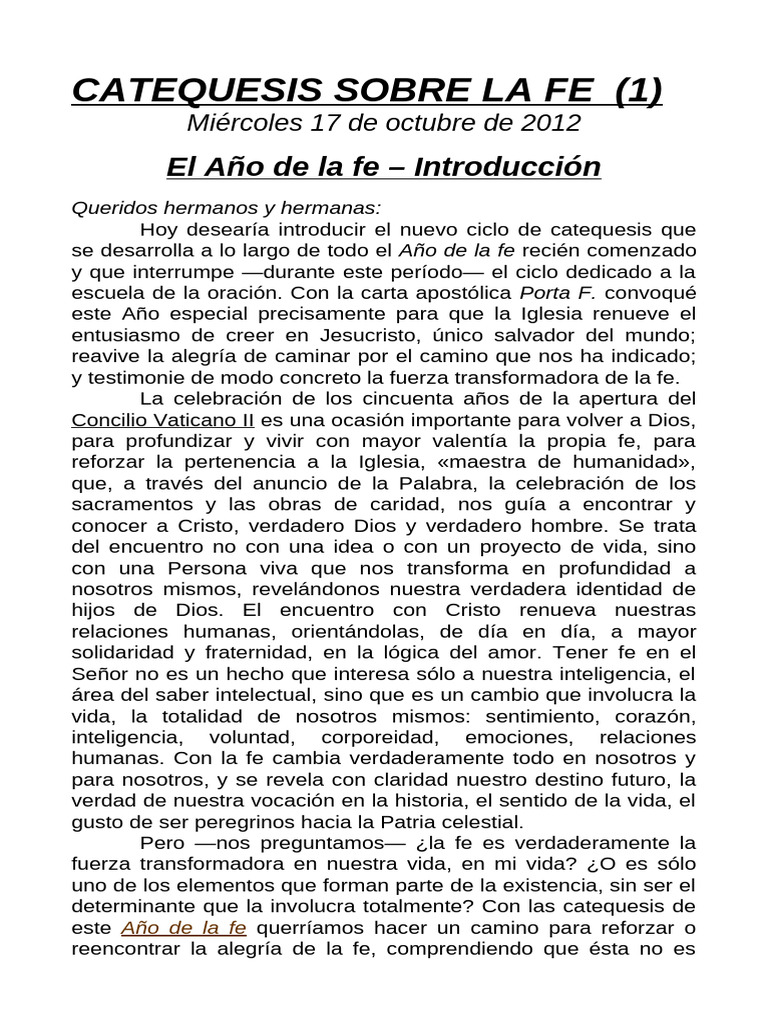 01 Catequesis Sobre La Fe (1) - El Año de La Fe - Introducción | PDF | Fe | Verdad