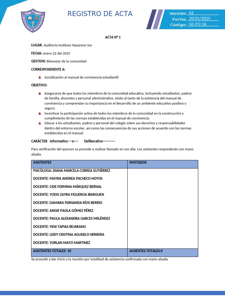 Acta # 1 Manual de Convivencia | PDF | Maestros | Enseñando
